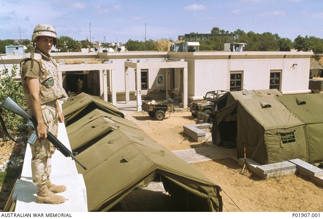 The Headquarters of the Australian Forces Somalia. In the foreground a ...