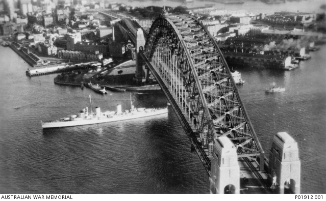 Sydney, NSW. c. 1938. Aerial port view of the cruiser HMAS Sydney (II ...
