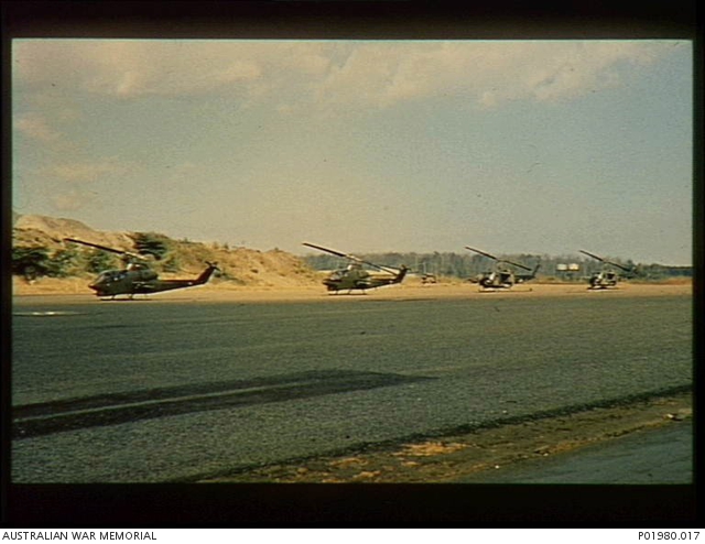 US Army helicopters on the `Kanga Pad' airfield at Nui Dat. During ...