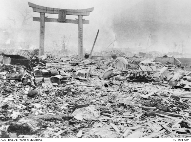 Street scene the day after the dropping of the atomic bomb, showing a ...
