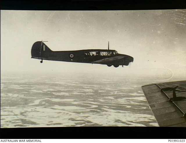 Edmonton, Canada. c.1941-12. An Avro Anson trainer aircraft in flight ...