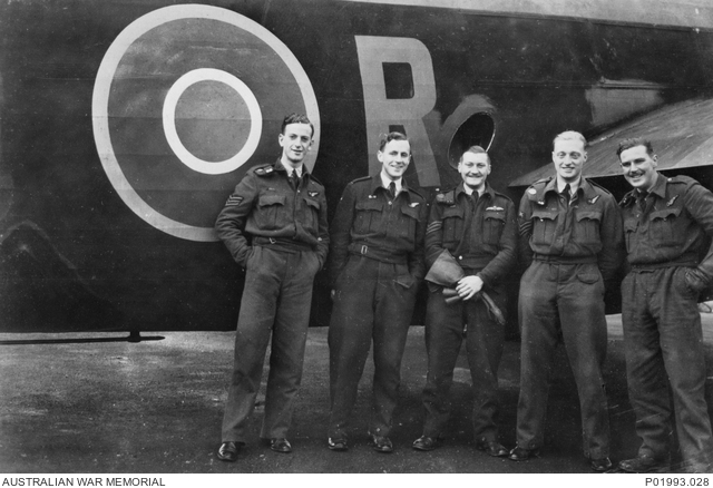England. c.1942. Flight crew in front of their Pathfinder Lancaster 'R ...