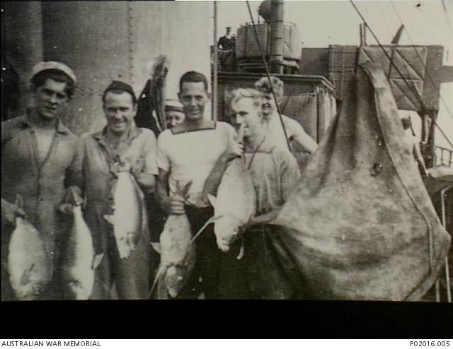 Members of the crew of HMAS Doomba with fish taken on board killed or ...