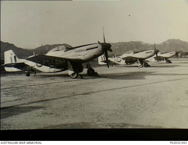 Bofu, Japan. 1947-10. Three Mustang aircraft of No. 82 (Fighter ...