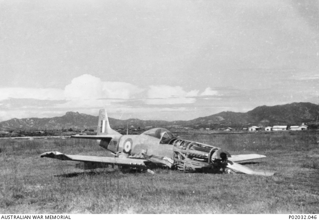 Takamatsu, Japan. 1948-08. A Mustang aircraft, A68-768, of No. 82 ...