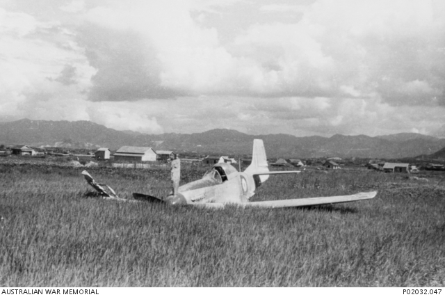 Takamatsu, Japan. 1948-08. A Mustang aircraft, A68-768, of No. 82 ...