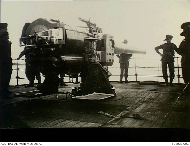 Ismailia, Egypt. A 6 inch Mark 2 gun mounted on the stern of the troop ...