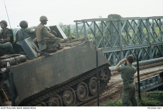 Song Rai River, South Vietnam. 1967-07. Soldiers on top of an M113 ACAV ...