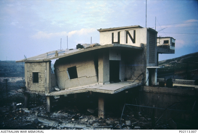 A collapsed United Nations (UN) Observation Post (OP) 6-4B, A Company ...