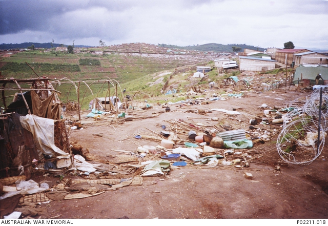 Kibeho, Rwanda. 1995-05. Debris of a partially destroyed temporary ...
