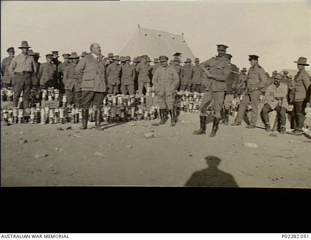 El Dabaa, Egypt, 1916-01. The Hon. Thomas Henley MLA (left) delivers a ...