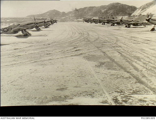Bofu, Japan. C. 1947. Line-up of North American P-51 Mustang fighter ...