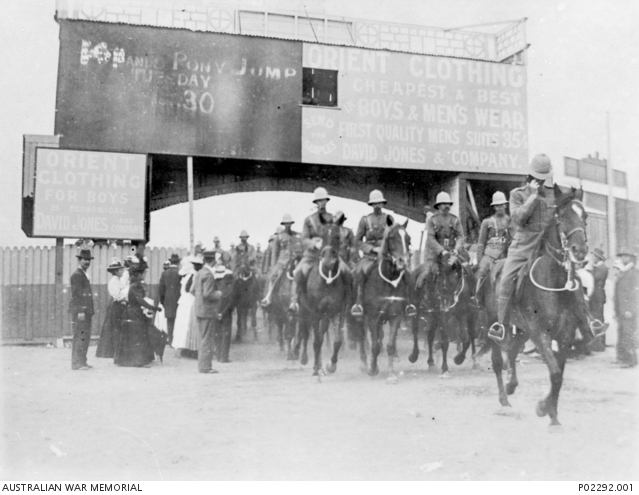 1st NSW Citizens' Bushmen Contingent riding their horses under the ...