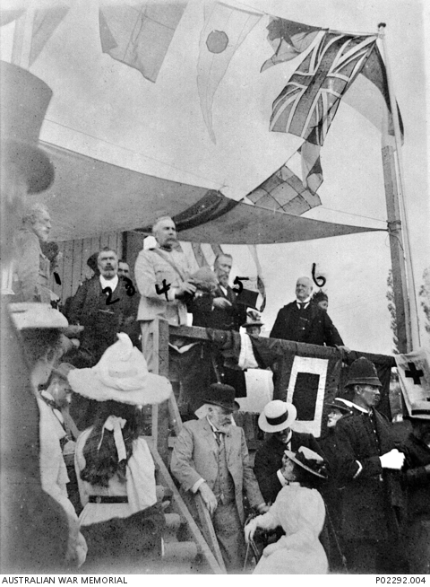 Major-General George Arthur French (in uniform at centre) addressing a ...