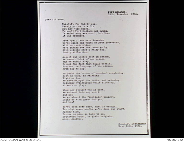 Port Hedland, WA. 1936-11-16. Humorous poem written by the men of the ...