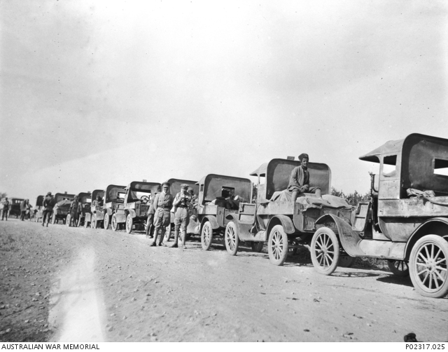 Persia. 1918. A convoy of over ten Ford vans formed up ready for ...
