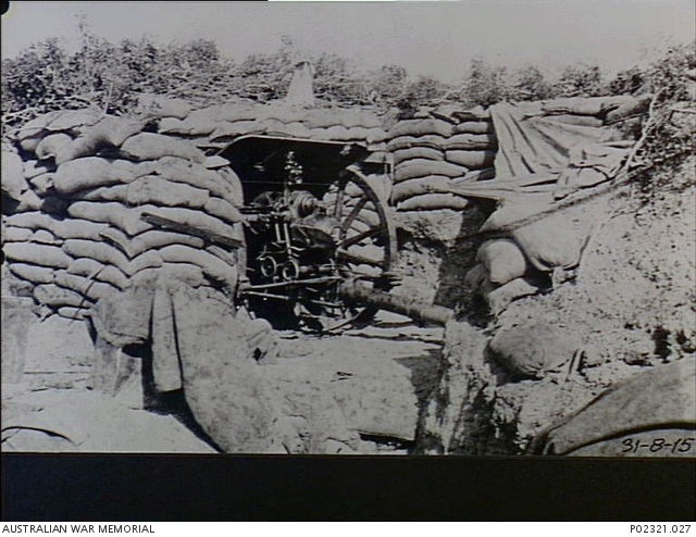 Anzac Cove, Gallipoli, Turkey, 1915-08-31. An 18-pounder field gun ...
