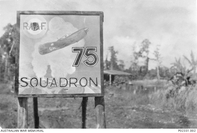 Morotai Island, c. 1945-04. The camp sign for No. 75 Squadron RAAF ...