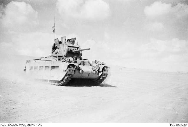 A Matilda tank in the desert. | Australian War Memorial
