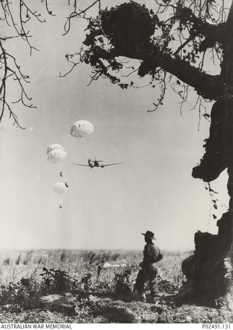 Burma. 2 March 1945. A RAF Douglas C47 Dakota transport aircraft drops ...