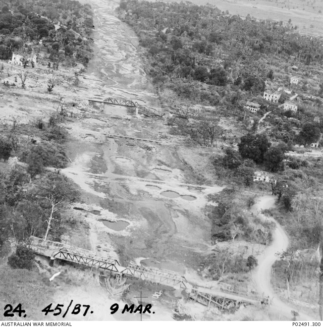 Pyinmana, Burma. 9 March 1945. Aerial view of the bridges at Pyinmana ...