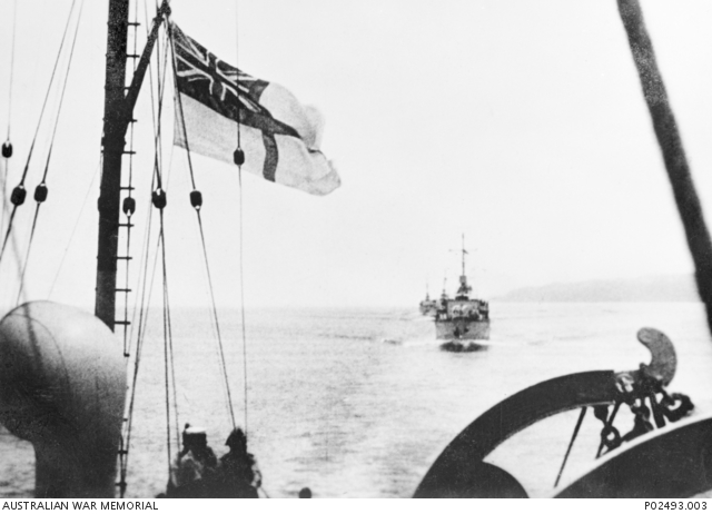 Three ships, HMAS Glenelg, HMAS Cootamundra and HMAS Junee, in line ...