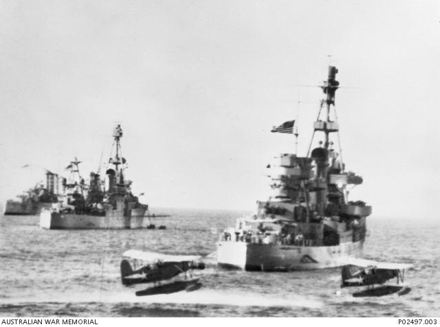 Probably Brisbane, Qld. c. May 1942. The cruiser HMAS Canberra? (left ...