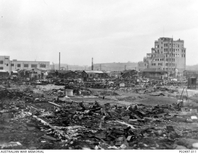 Yokahama, Japan. c. 1946. Bomb damage to the city, showing rubble and ...