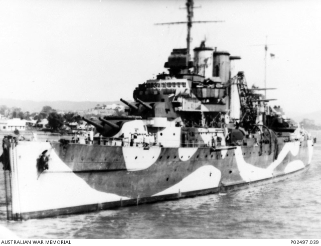 Brisbane River, Qld. c. 1942. The cruiser HMAS Australia in the dazzle ...