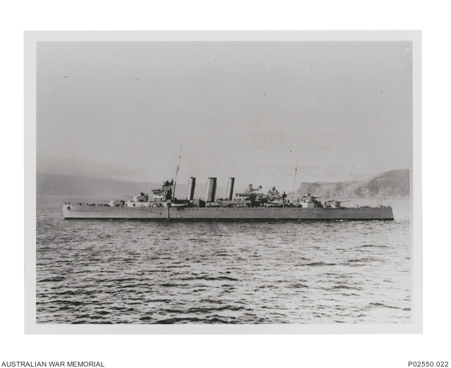 A port abeam profile of the Kent class cruiser HMAS Canberra departing ...