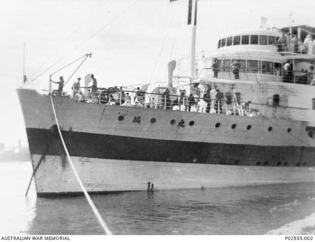 Morotai. 1945. Close view of the port bow of the Japanese ship ...
