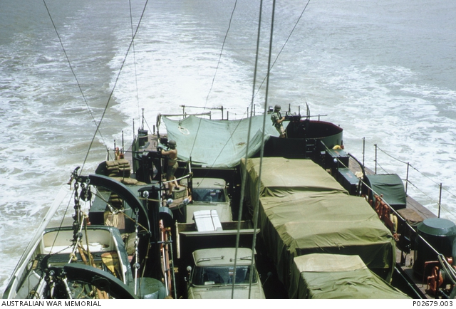 Saigon River, Vietnam. Army Vessel (AV) 1355 Vernon Sturdee at full ...