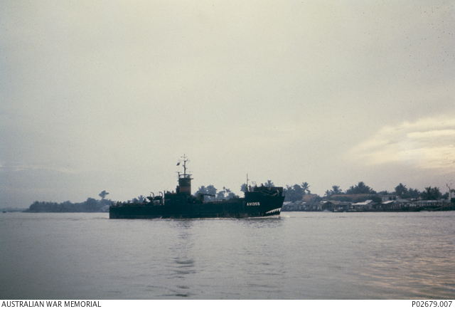 Saigon River, Vietnam. Army Vessel (AV) 1355 Vernon Sturdee passing ...
