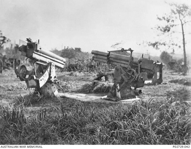 c. 1920. Two captured QF 77mm Mk I RGF 1917 guns that have been ...