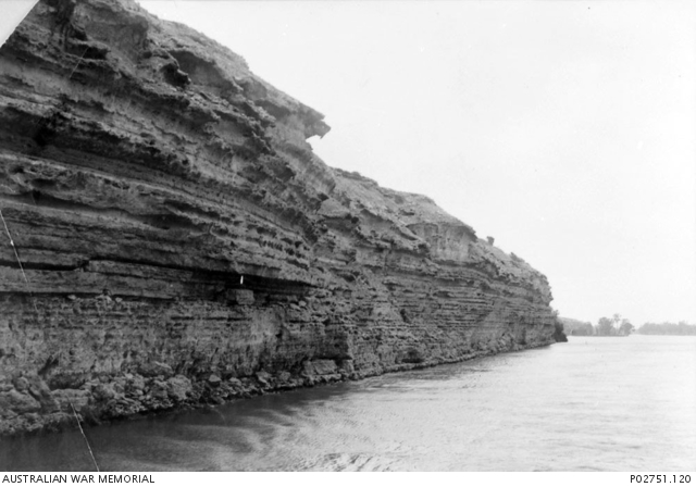 View of steep, rock cliffs along the Murray River seen from a boat on ...