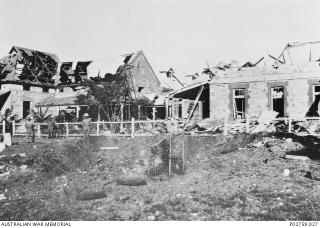 The extensively damaged cable station in Darwin after the first ...