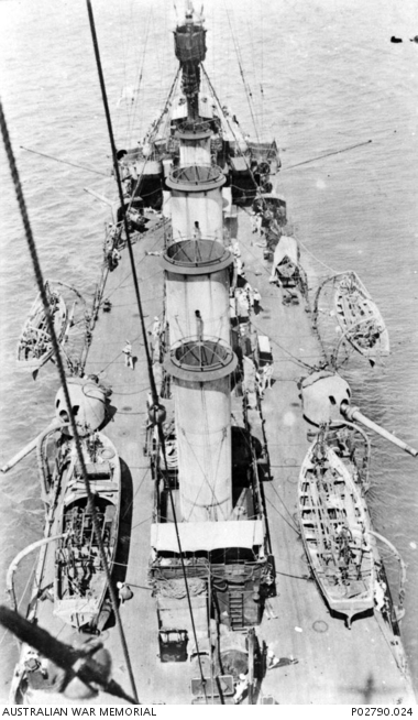 At sea. c. 1913. Detailed shot of the cruiser HMAS Melbourne taken from ...