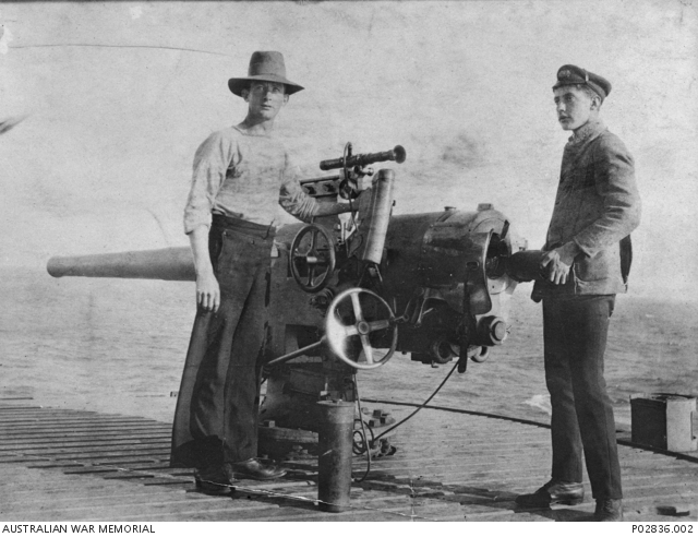 At sea. c 1916. Informal portrait of two members of the Merchant Navy ...
