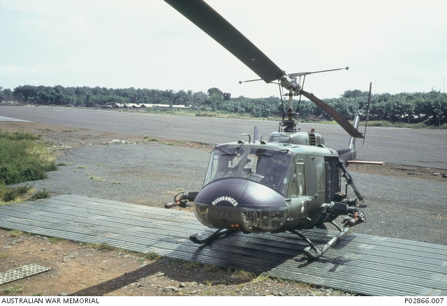 Nui Dat, South Vietnam, c. 1970. An RAAF Iroquois UH-1H gunship, A2-773 ...