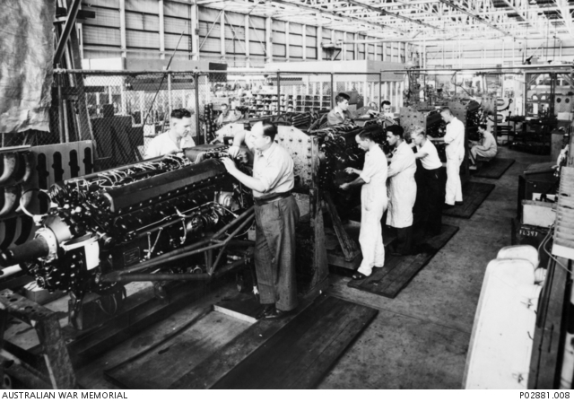 Engine bay assembly at Bankstown of Merlin 69 engines which powered ...