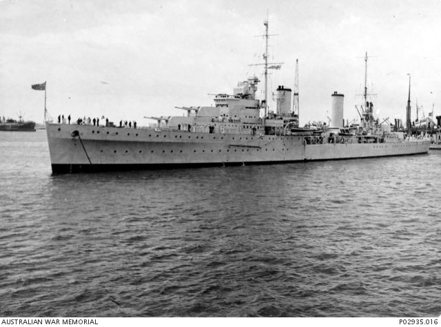 Egypt. 1936. A port side view of HMAS Sydney in the Mediterranean Sea ...