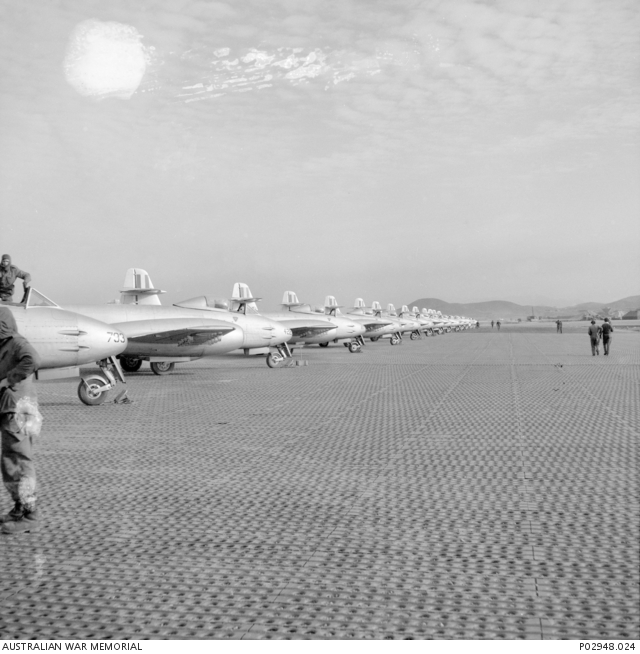 Kimpo, South Korea C.1954-3. 77 Squadron RAAF Meteor jet fighter ...