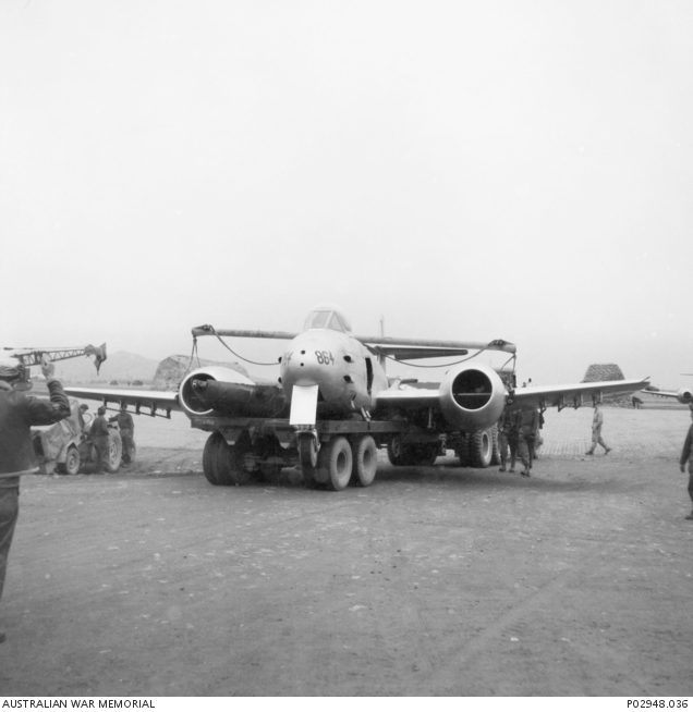 Bofu?, Japan. C. 1954-2. A 77 Squadron RAAF Meteor jet fighter A77-864 ...