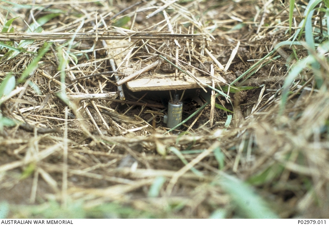 A US made M16 anti personnel mine which has been buried in the ground ...