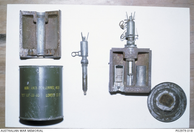 A sectioned M16 anti personnel mine as used by Australian and United ...