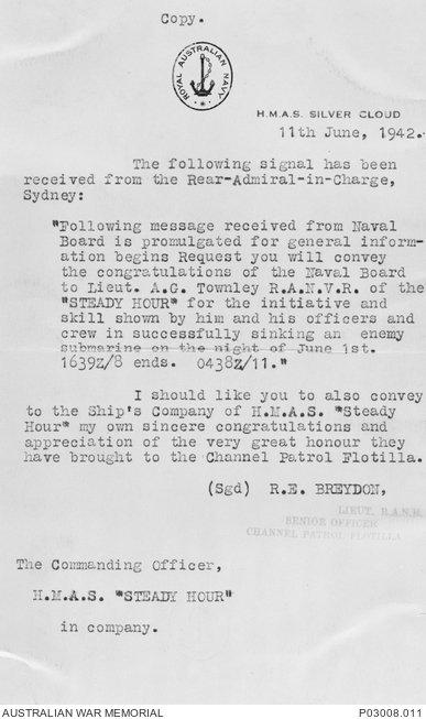 A copy of an RAN signal from Lieutenant (Lt) R E Breydon, Senior ...