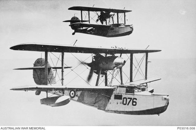 Two Supermarine Seagull V (Walrus) amphibian aircraft in flight near ...