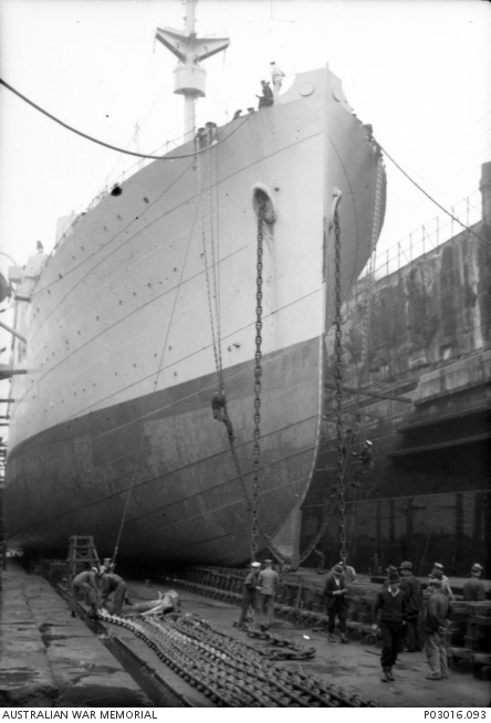 The Armed Merchant Cruiser (AMC) HMAS Westralia in dry-dock while ...
