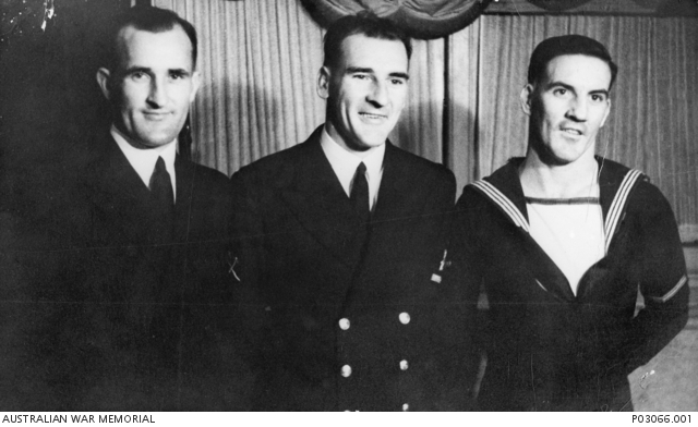 1942. Informal portrait of three of five brothers who served in the RAN ...