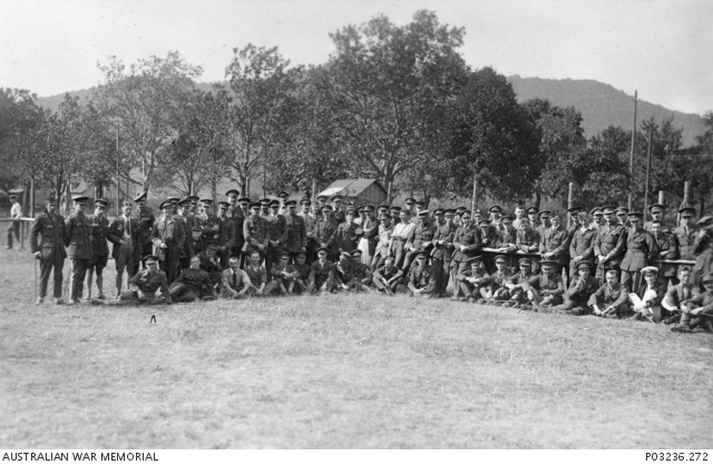 Outdoor portrait of a group of allied Prisoners of War (POW) at ...